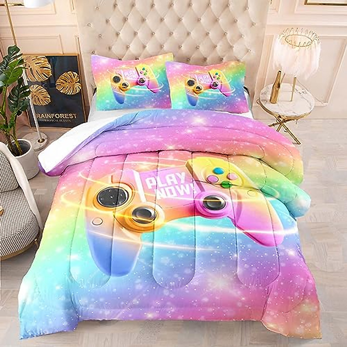 KGOSAUO Comforter Set Queen Kids Boys Teens Gaming Comforter Gamer Room Decor Video Game Controller Bedding Set, Soft Lightweight Gamepad Console Duvet, Youth Young Man, 1 Comforter + 2 Pillowcase