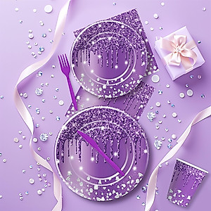 YJRJSC Purple Plates And Napkins Party Supplies - Purple Party Decorations Tableware, Paper Plate, Napkin, Cup, Disposable Cutlery, Glitter Purple Bridal Shower Birthday Table Decorations | Serve 24