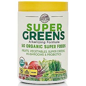 COUNTRY FARMS Super Greens Banana Flavor, 50 Organic Foods, USDA Organic Drink Mix, 20 Servings, Apple, 10.6 Oz