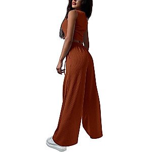PRETTYGARDEN Womens 2024 Fall Track Suits 3 Piece Outfits Matching Sets Ribbed Knit Cardigan Cropped Tank Tops Wide Leg Pants (Brown,Large)