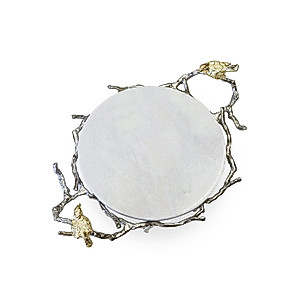 Vespa 17" Branch with Birds Decorative Round Marble Tray, White Marble