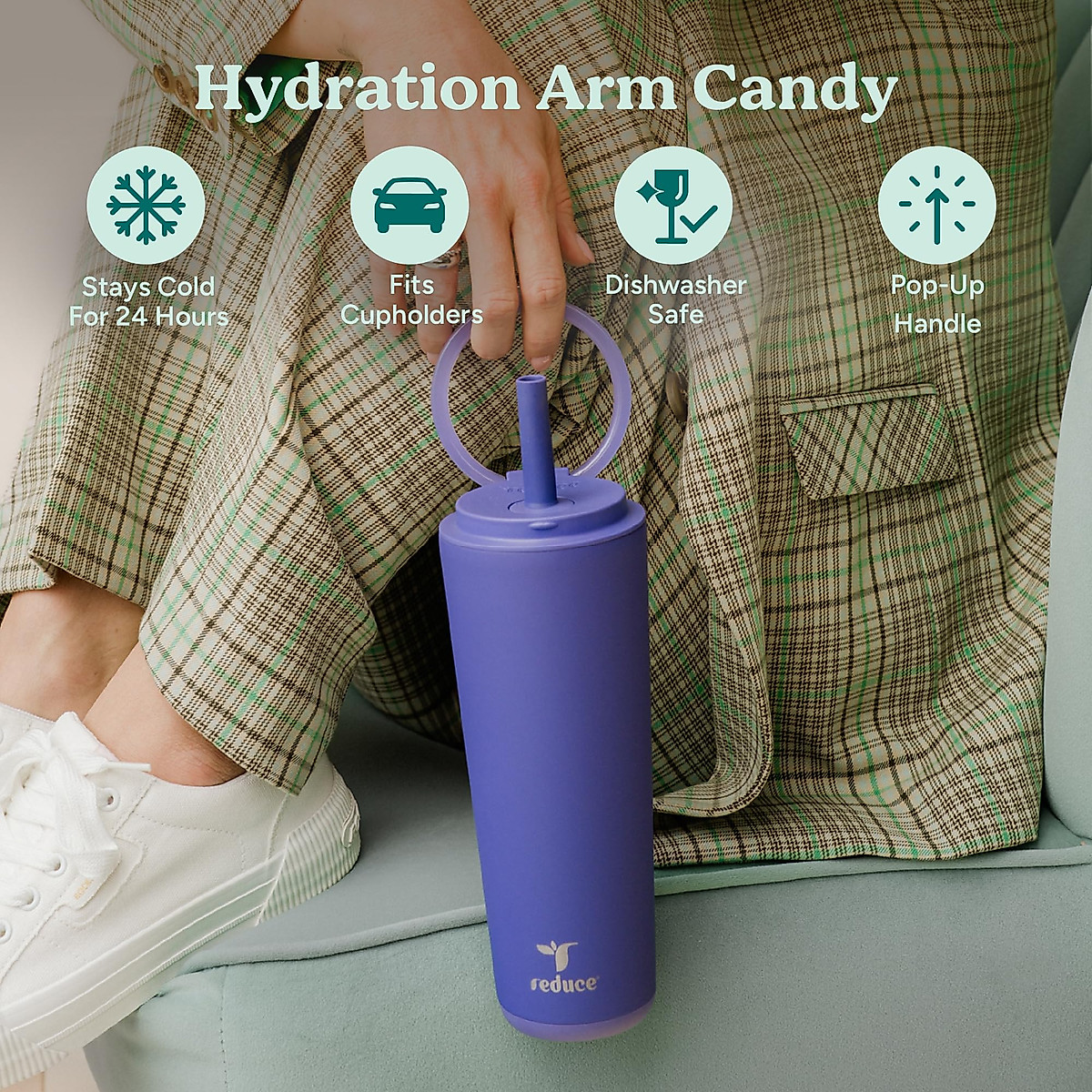 REDUCE Halo 24 oz Stainless Steel Vacuum Insulated Tumbler - Spill Proof Travel Mug with Flip Handle Lid - Keeps Drinks Cold for 32 Hrs - Dishwasher Safe - Cupholder Friendly - Dragonfruit