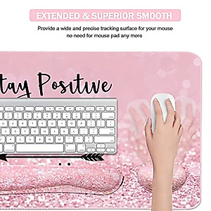 Keyboard Mouse Pad Set, Extended Mouse Pad+Keyboard Wrist Rest Support, Memory Foam Ergonomic Easy Typing, 3Pcs (35.4×15.7 in) Desk Pad Set for Home Office Study Game - Pink Stay Positive