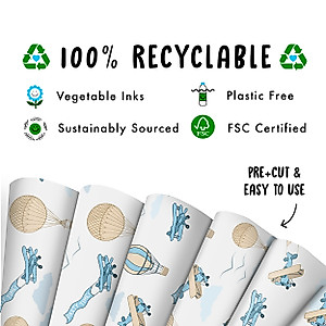 Airplanes Wrapping Paper for Boys - 6 Sheets of Retro Gift Wrap for Him - Hot Air Balloons - Pastel Blue - Planes - Birthday - Bridal Shower - Christmas - For Kids Children - Made in the UK