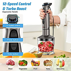 Immersion Blender 7-in-1 1000W Powerful Scratch Resistant Hand Blender, Stick Blender Handheld, 12 Speed and Turbo Mode, Low-Noise, with Beaker Chopper Whisk Milk Frother, BPA-Free