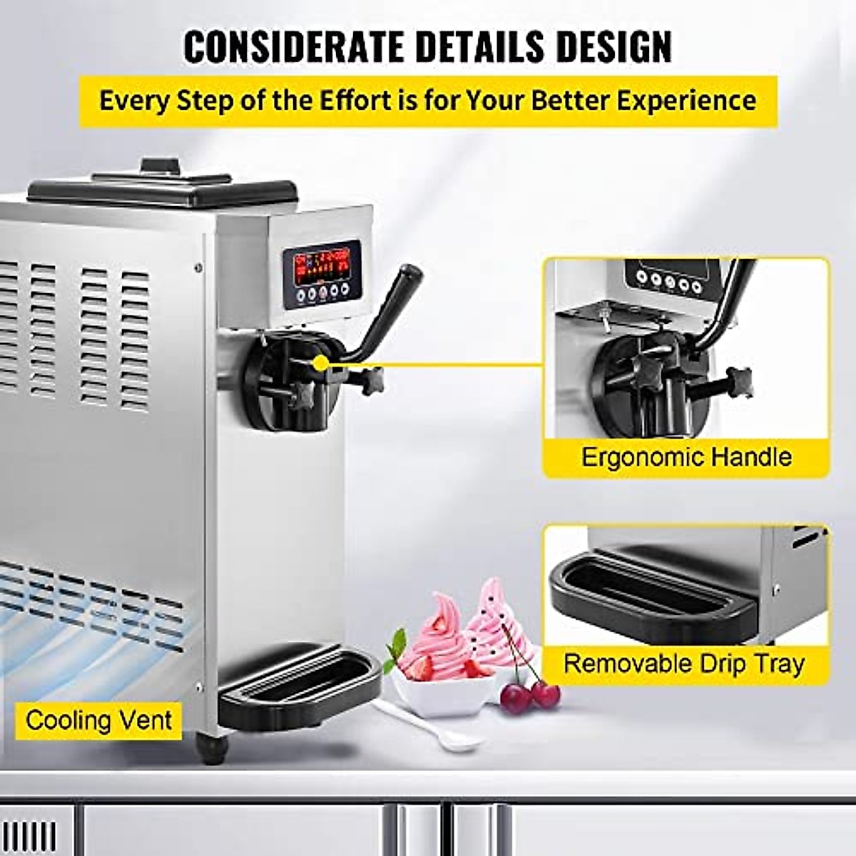 Commercial Ice Cream Maker Single Flavor Commercial Ice Cream Machine 4.7-5.3 Gal/H Soft-Serve Ice Cream Maker, 1800W Countertop Soft Serve Ice Cream Machine, with LCD Panel, Stainless Steel