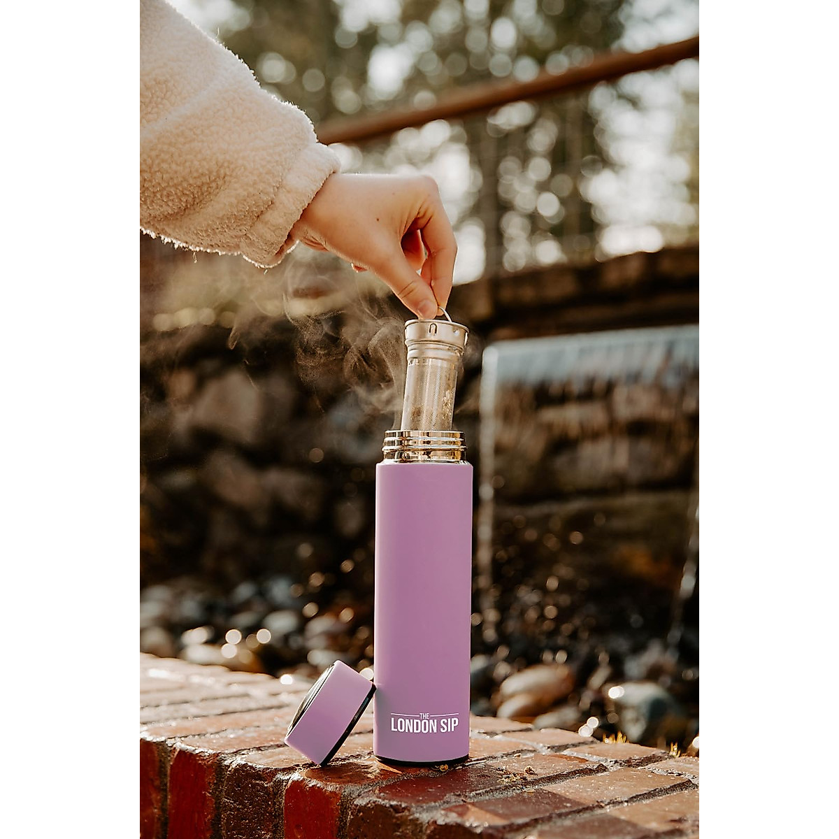 London Sip Multi-Purpose Travel Mug and Tumbler Fruit Infused Flask Hot and Cold Double Wall Stainless Steel Thermos with Extra-Long Infuser, Gentle Lilac, Pack of 2