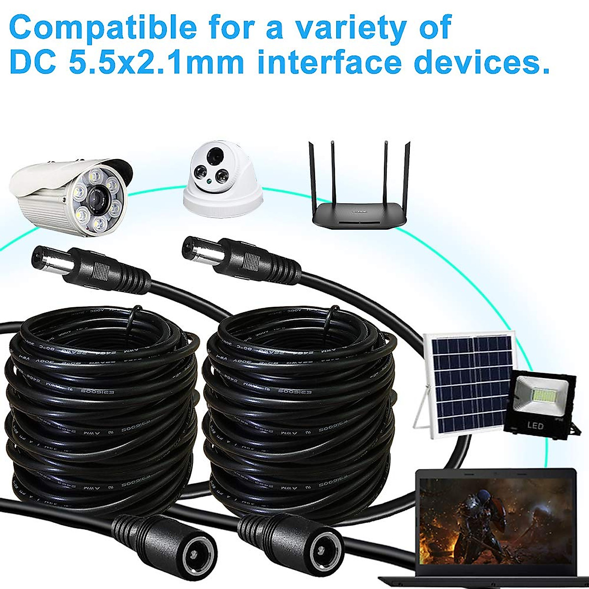 2-Pack 33ft DC Power Extension Cable 5.5mm x 2.1mm 12v DC Extension Cord for Security Camera CCTV IP Surveillance,LED Strip,DC Power Supply Adapter 5V 9V 24V 12 Volt Male to Female Plug Extender Wire