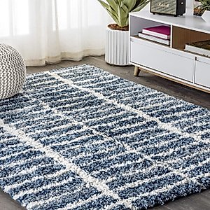 JONATHAN Y MBS101B-3 Merida Stacked Grid Shag Indoor Area -Rug Bohemian Modern Glam Easy -Cleaning Bedroom Kitchen Living Room, 3 X 5, Indigo Blue/Ivory