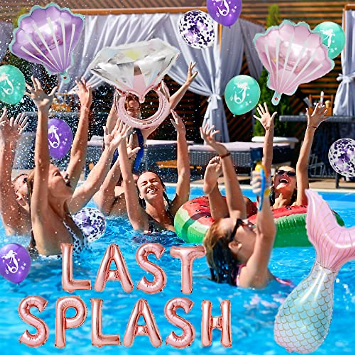 Last Splash Bachelorette Party Decorations, Hombae Mermaid Bachelorette Party Bridal Shower Fringe Curtain Mermaid Tail Sea Shell Ring Balloon Glitter Banner Cake Topper Teal Blue Purple Pink