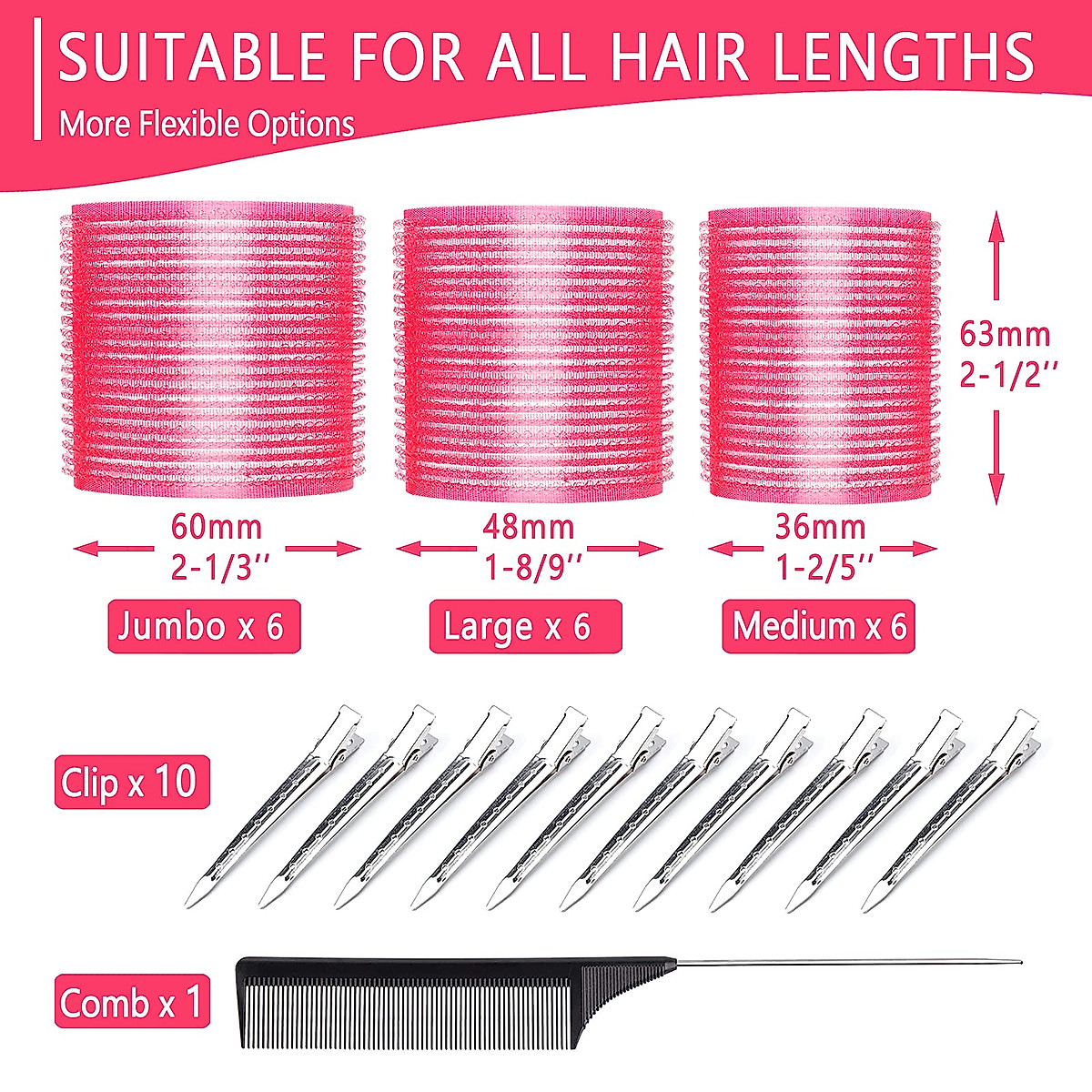 2.3 Inch Hair Rollers for Long Medium Short Hair, Self Grip Heatless Large Hair Curlers for Women With 10 Hair Clips & 1 Rat Tail Comb (2.3/1.9/1.4 Inch) Pink