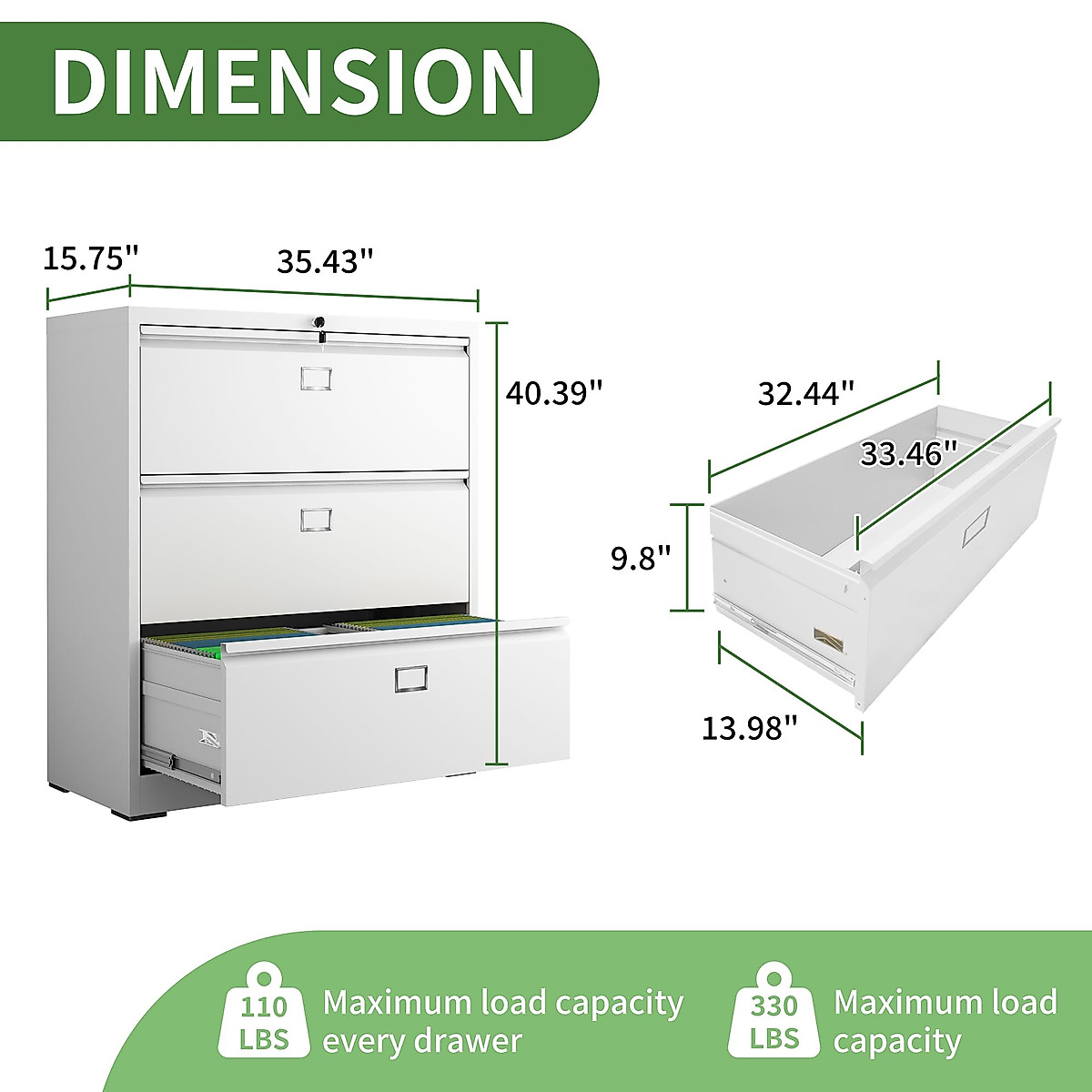 VIYET Lateral File Cabinet with Lock,3 Drawer Metal Filing Cabinets for Home Office,Storage Cabinet for Hanging Files Letter/Legal/F4/A4 (White)