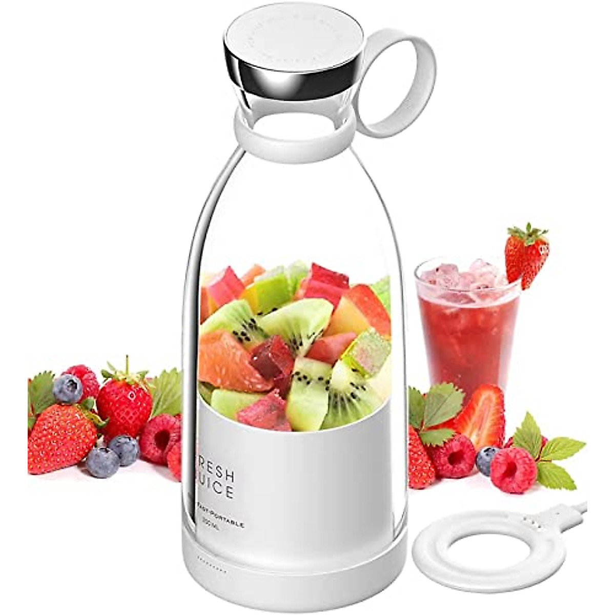 Personal Size Blender, Portable Blender, Battery Powered USB Blender, with Four Blades, Mini Blender Travel Bottle for Juice, Shakes, and Smoothies (White)