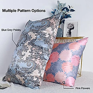 FELYSIK Blue Gray Paisley Silk Pillowcase for Hair and Skin - Standard 20"x26", 22 Momme 100% Mulberry Silk Floral Print Pillow Cases with Zipper