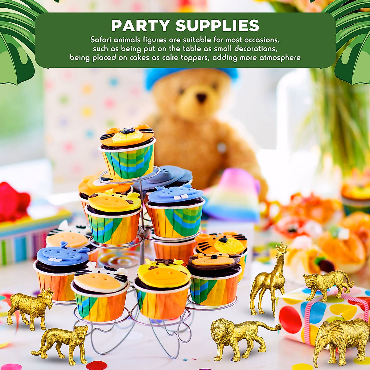 24 Pcs Gold Plastic Animal Figurines Toys, Zoo Safari Animal Figures, Elephant Lion Mini Animals Figurines Decor Jungle Animal Cake Toppers for Themed Birthday Party