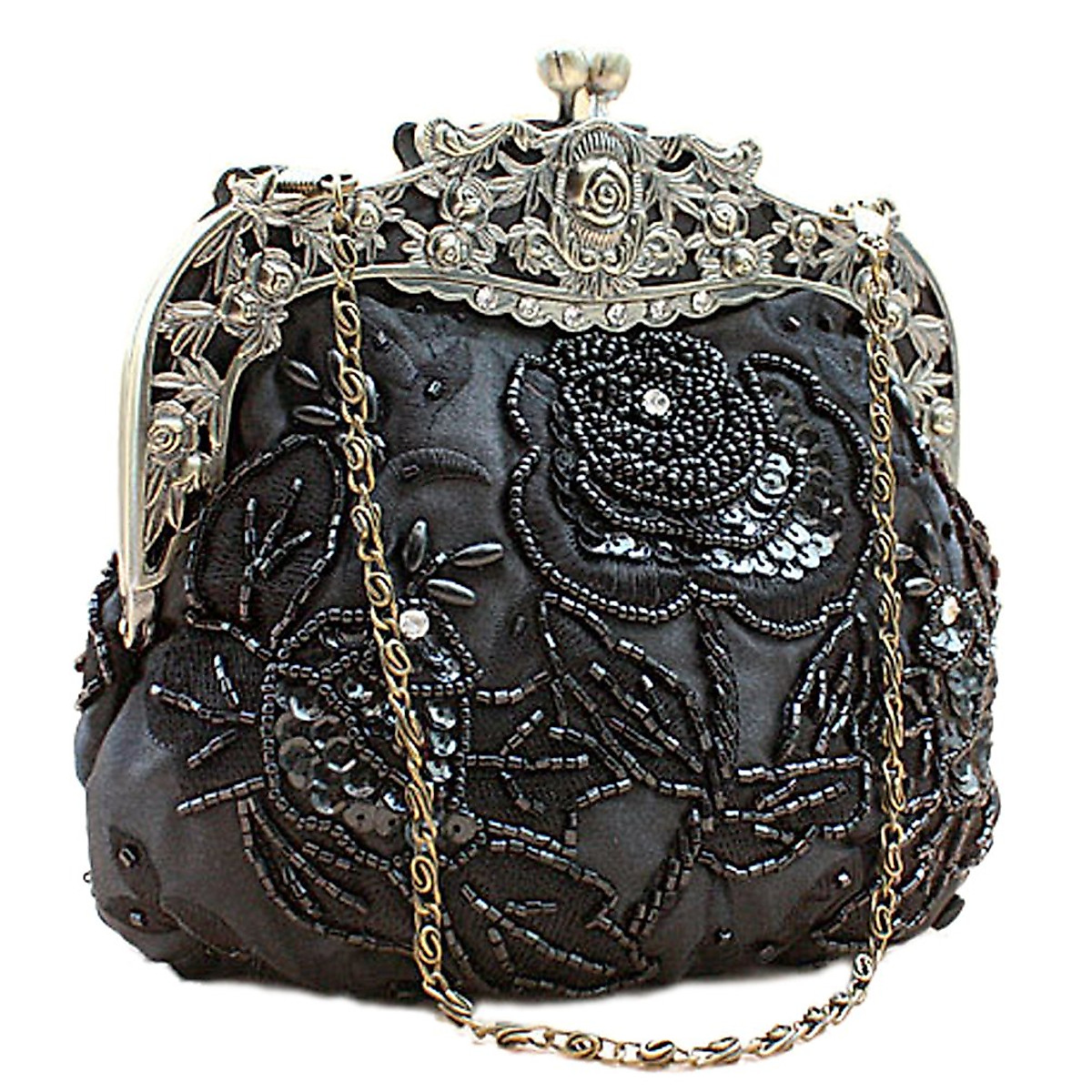 Belsen Women's Vintage Beaded Sequin Flower Evening Handbags (Black)