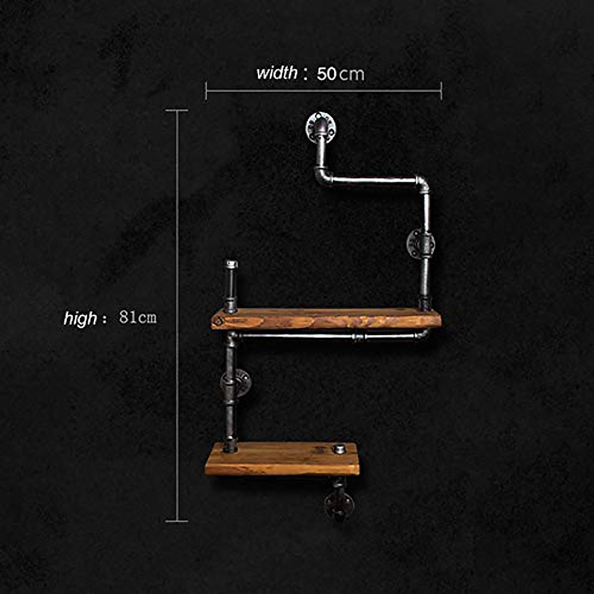 FOTEE Industrial Pipe Shelf Bracket, 2 Tiers Retro Wall Mounted Floating Shelf, Wood Look DIY Storage Shelving Bookshelf, Farmhouse Bathroom Shelving for Room/Kitchen/Office,Black