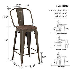 Yongqiang 26 inch Bar Stools Set of 4 Kitchen Counter Height Bar Chairs High Back Metal Barstools with Large Wooden Seat Industrial Rusty