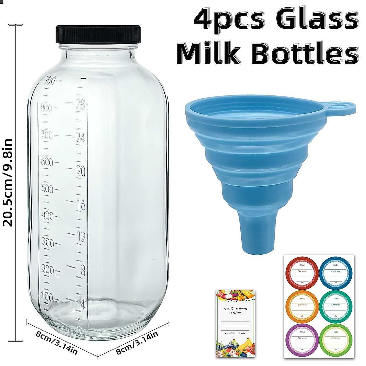 AiHeart 4pcs Glass Milk Bottles (32oz), Reusable & Dishwasher Safe, Perfect for Milk, Yogurt & More