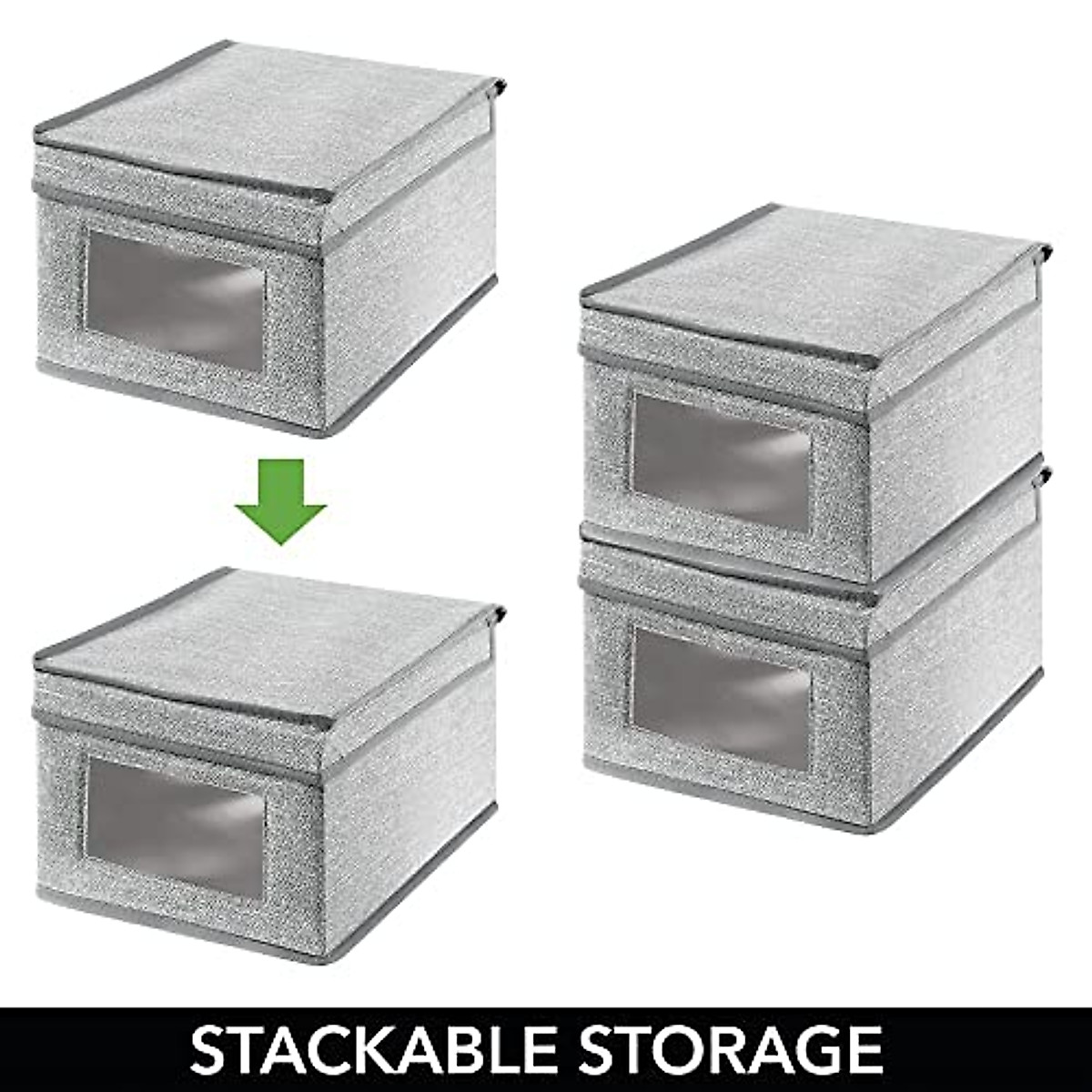 mDesign Soft Fabric Stackable Closet Storage Organizer Box with Clear Window and Attached Hinged Lid for Bedroom, Hallway, Entryway, Closets, 6 Pack - Gray