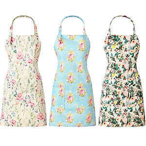 Vicenpal 3 Pieces Women Floral Apron Adjustable Flower Kitchen Aprons Linen Cooking Apron Cute Floral Chef Aprons with 2 Pockets for Wife Mom Grandma Cooking Baking Gardening, 3 Designs