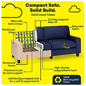 Serta Palisades 78" Track Arm Sofa, Easy Care Polyester, Soft Pillow Back, Pocket Coil Seat Cushions, Removable Covers, Loveseat or Couch for Small Spaces, Living Rooms or Bedrooms, Navy Blue