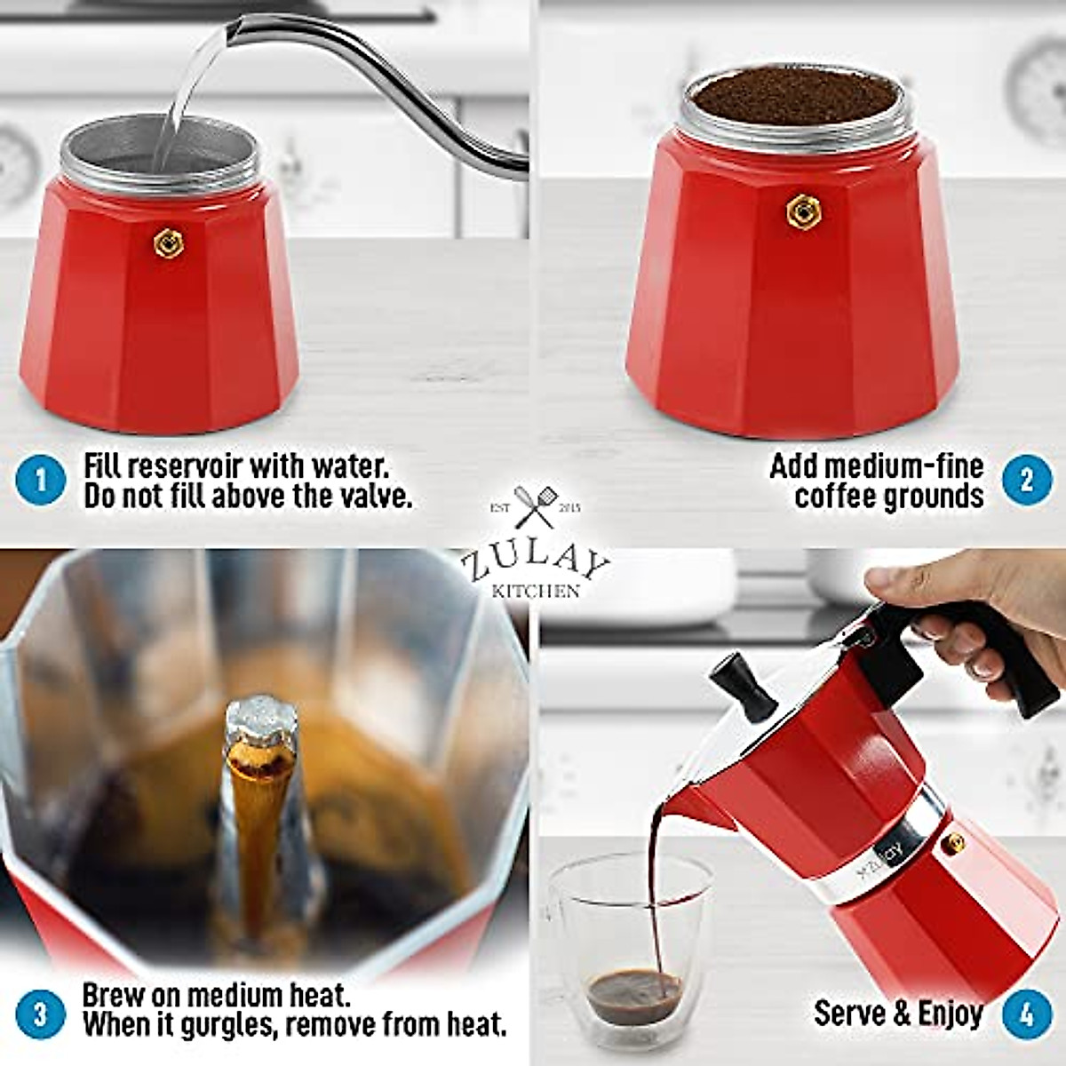 Zulay Classic Italian Style 6 Espresso Cup Moka Pot, Stovetop Espresso Maker for Great Flavored, Makes Delicious Coffee, Easy to Operate & Quick Cleanup Pot (Red)