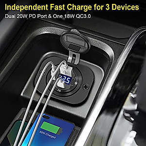 USB C Car Charger Socket 12V USB Outlet 2 Pack: Newest Aluminum Metal 58W Dual PD3.0 20W USB C and 18W QC3.0 Port Multi USB Charger Outlet with LED Voltmeter Power Switch for RV Motorcycle Boat Marine