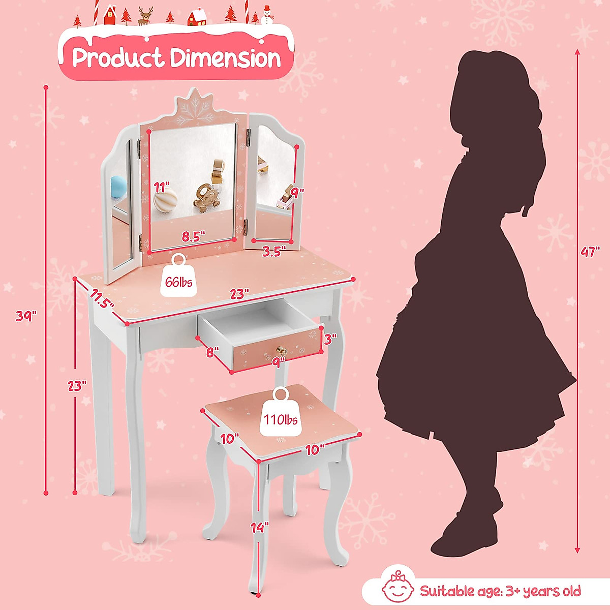 Costzon Kids Vanity Table and Chair Set, Girls Vanity Set with Mirror and Stool, Storage Drawer, Wooden Princess Makeup Dressing Table, Toddler Vanity, Pretend Play Vanity Set for Little Girls