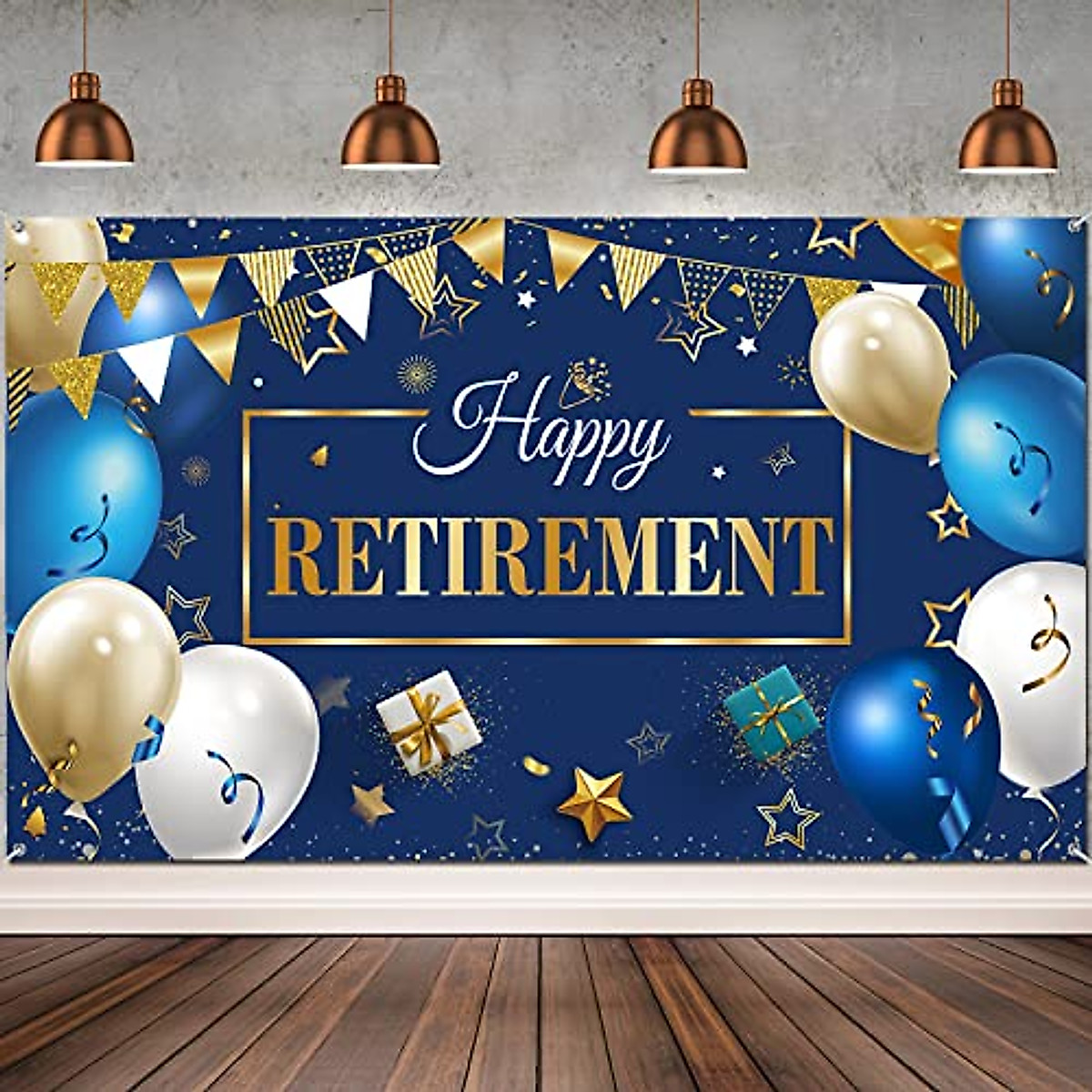 Blulu Happy Retirement Party Decorations, Extra Large Fabric Happy Retirement Sign Banner Photo Booth Backdrop Background with Rope for Retirement Party Favor (Blue and Gold,72.8 x 43.3 inches)