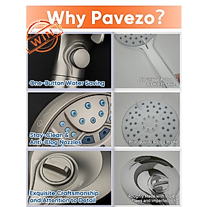 Pavezo High Pressure Handheld Shower Head with Filter, ON/OFF Switch Pause Button, 10-mode Shower Head with Hard Water Softener Filters, SS Hose, Anti-clog & Powerful Clean Tile & Pets, Brushed Nickel