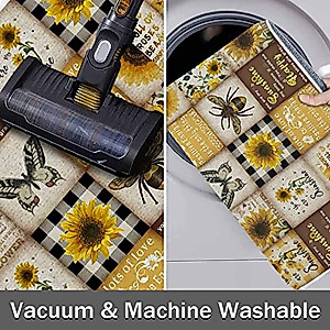 Shag Rugs Indoor Doormat Retro Yellow Sunflower Bee Butterfly Non Slip Floor Doormats Carpet American Pastoral Gingham Fluffy Kitchen Floor Rugs Pad Welcome Carpets for Bathroom Bedroom Entryway