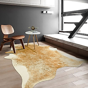 Rtizon Faux Cowhide Rug for Living Room, 6.2 x 7 Feet Khaki, Cow Print Skins Rug for Bedroom,Premium Faux Fur Animal Cow Hide Rugs Carpet for Western Decor