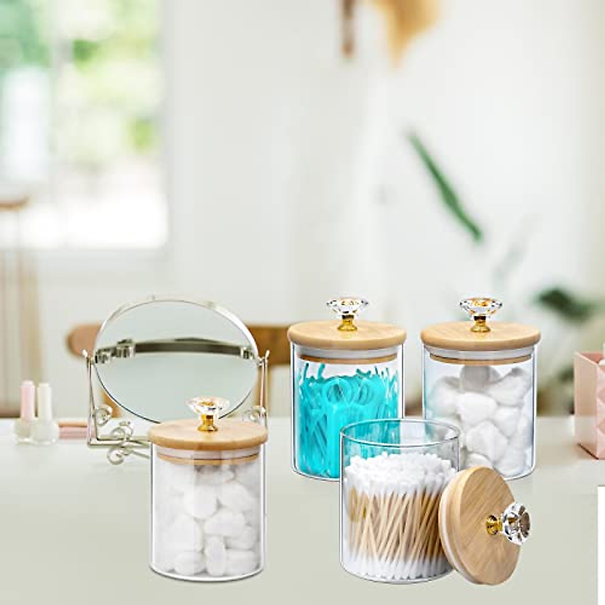 Bathroom Organizer with Bamboo Lids,Apothecary Jars Qtip Holder Storage Canister Clear Glass bathroom jars Cotton Ball Holder for Cotton Rounds,Pads, Floss,Cotton Swab(3 pieces)