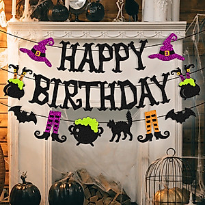 Halloween Birthday Banner Halloween Witch Party Banner Halloween Ghost Bat Cat Theme Party Garland Kids Girl Women Happy Birthday Decorations