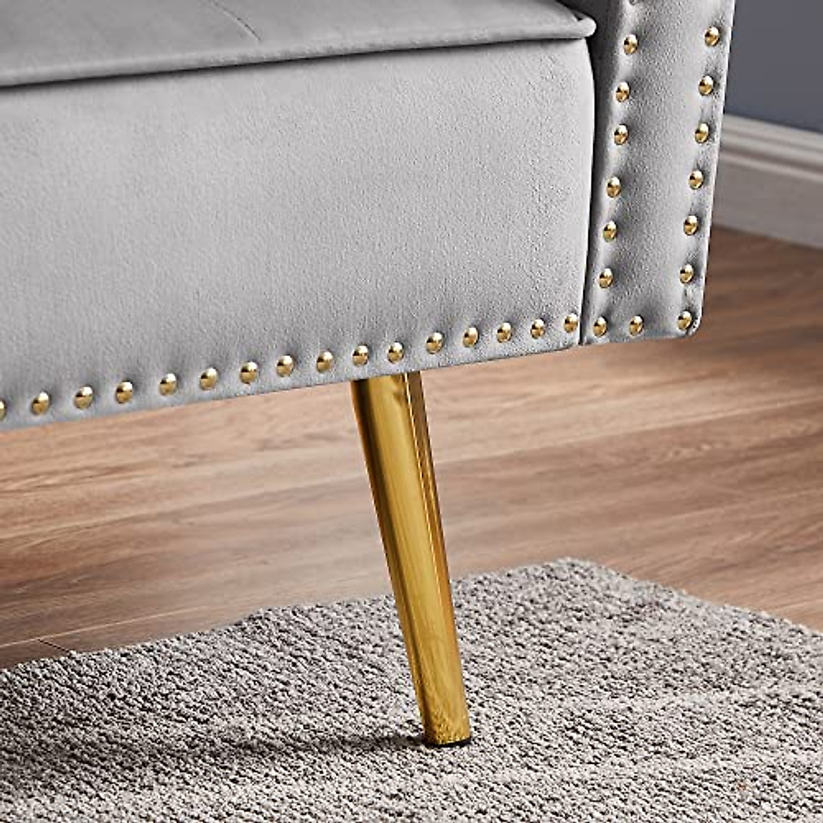 Kakotito Tufted Velvet Sofa Bed Sleeper with 2 Pillows, Luxury Loveseat Couch, Splitback Futon for Living Room & Office, Convertible Futon with Vintage Nailhead Trim and Metal Legs (Gray)