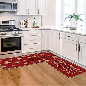 Artoid Mode Xmas Trees Snowflake Let It Snow Merry Christmas Kitchen Mats Set of 2, Winter Decor Low-Profile Kitchen Rugs - 17x29 and 17x47 Inch