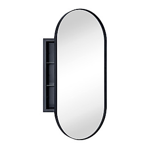 EGHOME Matte Black Oval Recessed Bathroom Medicine Cabinet with Mirror Stainless Steel Metal Framed Oblong Pill Shaped Bathroom Cabinet with Mirror 16x33''
