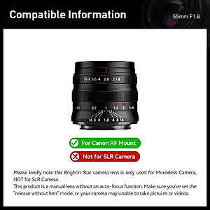 Brightin Star 55mm F1.8 Full Frame Manual Focus MF Large Aperture Prime Standard Fixed Focal Lens, Fit for Canon RF-Mount EOS-RP, EOS-R, EOS-R5, EOS R7, EOS-R6, EOS-R3, EOS-R10