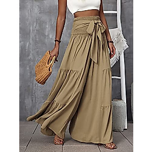 WDIRARA Women's Shirred Elastic Waist Tie Front Ruffle Hem Wide Leg Pants Khaki XL