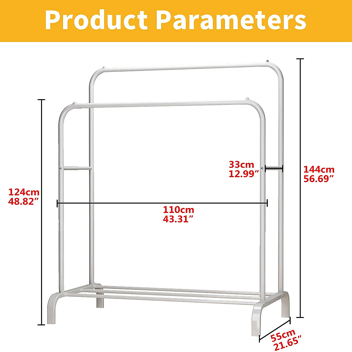 UDEAR Garment Rack，43.3 Inches Freestanding Hanger Double Pole Multi-functional Bedroom Clothing Rack, White