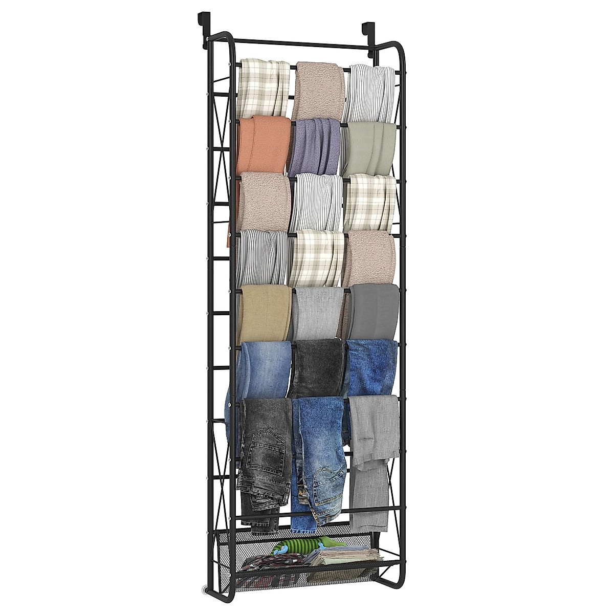 JSB 10 Tier Shoe rack Mesh fabric Over The Door Shoe Organizer X-structure Trouser hangers Closet Pantry Hanging Shoe Clothes Toys Storage Shelves (Black, 10 Tier)