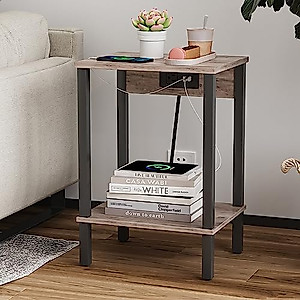 VIMBER Beside Table with Charging Station, Narrow Side Table with USB Ports and Outlets, Nightstands with 2-Tier Storage Shelves, End Table for Small Space Living Room Bedroom, Greige