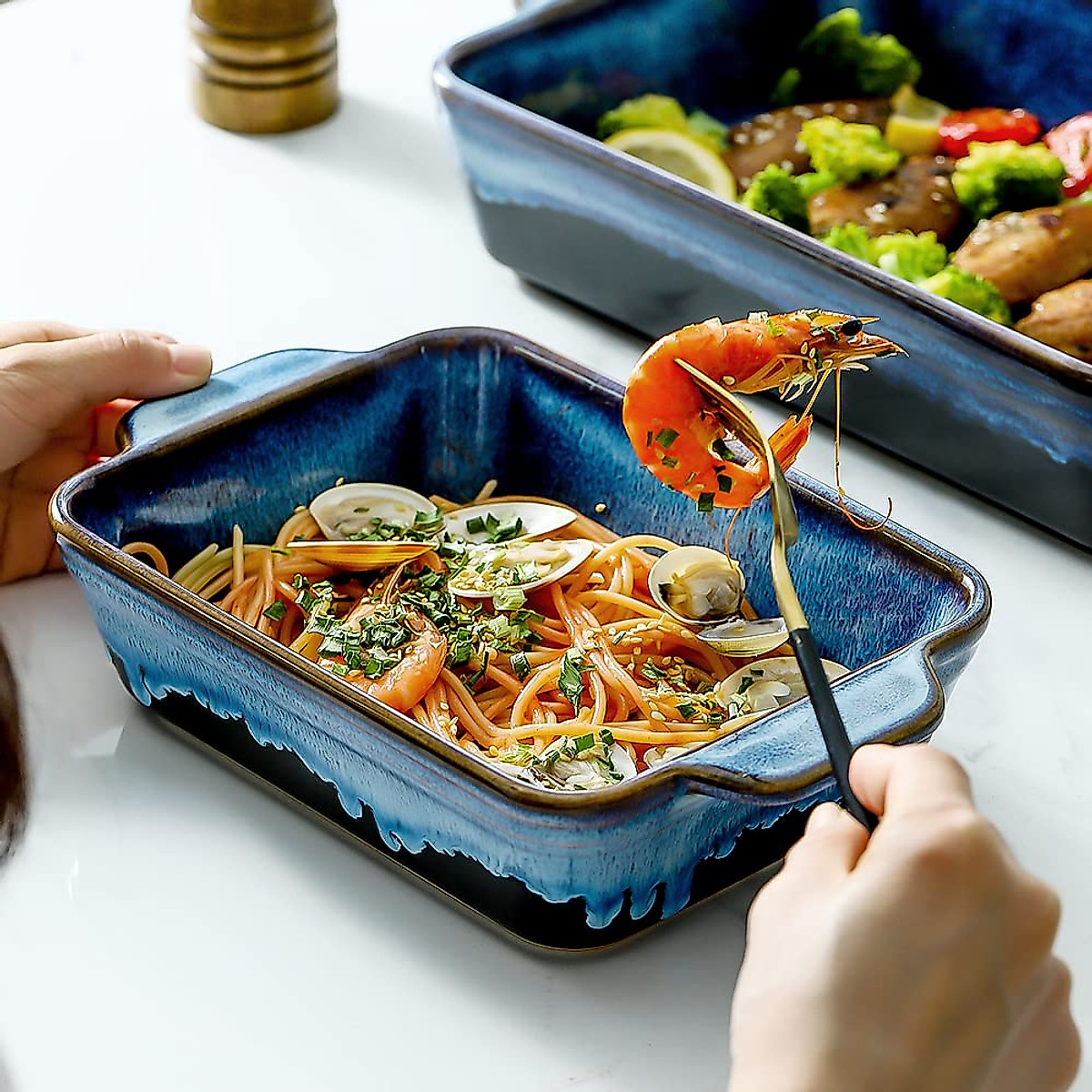 KOOV Bakeware Set, Ceramic Baking Dish Set, Rectangular Casserole Dish Set, lasagna Pan, Baking Pans Set for Cooking, Cake Dinner, Kitchen, 9 x 13 Inches, Reactive Glaze 3-Piece (Nebula Blue)