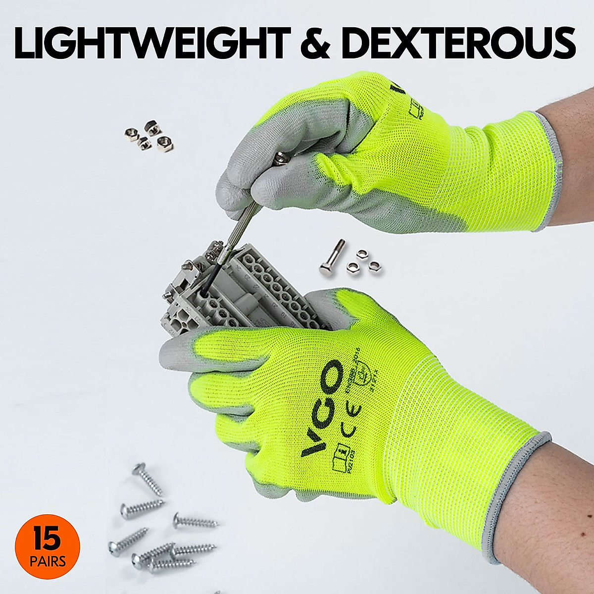 Vgo... 15-Pairs Safety Work Gloves, Gardening Gloves, Polyurethane Coated, Dipping Gloves, Latex Free (Size L, Yellow, PU2103)