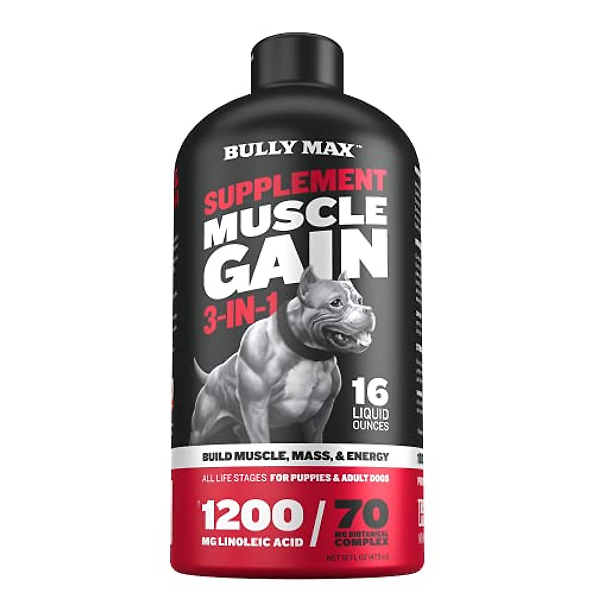 Bully Max 3-IN-1 Liquid Muscle Building Supplement For Dogs. For all breeds & ages. Clinically tested. #1-rated since 2008