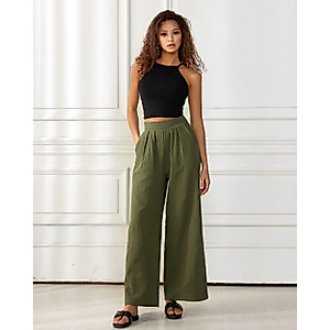 noflik Women's Cotton Smocked High Waist Straight Wide Leg Palazzo Lounge Pants (Olive, L)