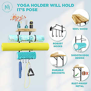 Yoga Mat Holder Wall Mount - 3 Tier Rack and 1 Wood Shelf with 4 Hooks - Ideal Storage Organizer for Home Gym Equipment and Workout Exercise Accessories and Easy to Install