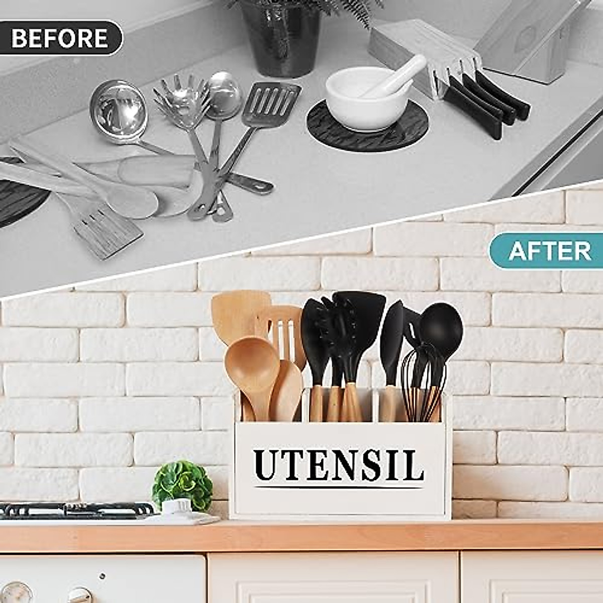 Large Rustic Kitchen Utensil Holder for Countertop, Farmhouse Wooden Utensil Holder for Kitchen Counter, 3 Compartment Rustic Cooking Utensil Holder, Kitchen Utensil Organizer Caddy for Home Decor