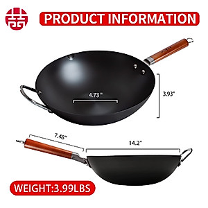 WANGYUANJI Carbon Steel Wok,14.2" Wok Pan with Lid, Woks & Stir-Fry Pans No Chemical Coated Wok for Induction, Electric, Gas, Halogen All Stoves-Practical Gift Flat Bottom Iron Wok